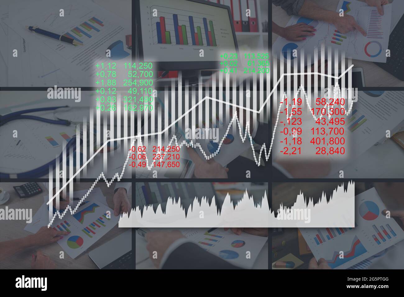 Stock market concept illustrated by pictures on background Stock Photo ...