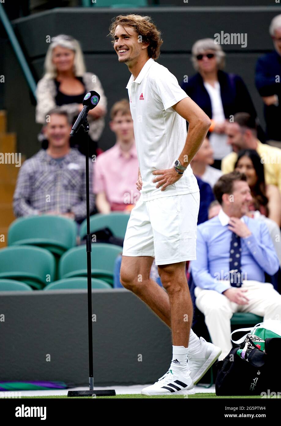 Alexander Zverev is interviewed after winning his first round gentlemen's singles match against ...