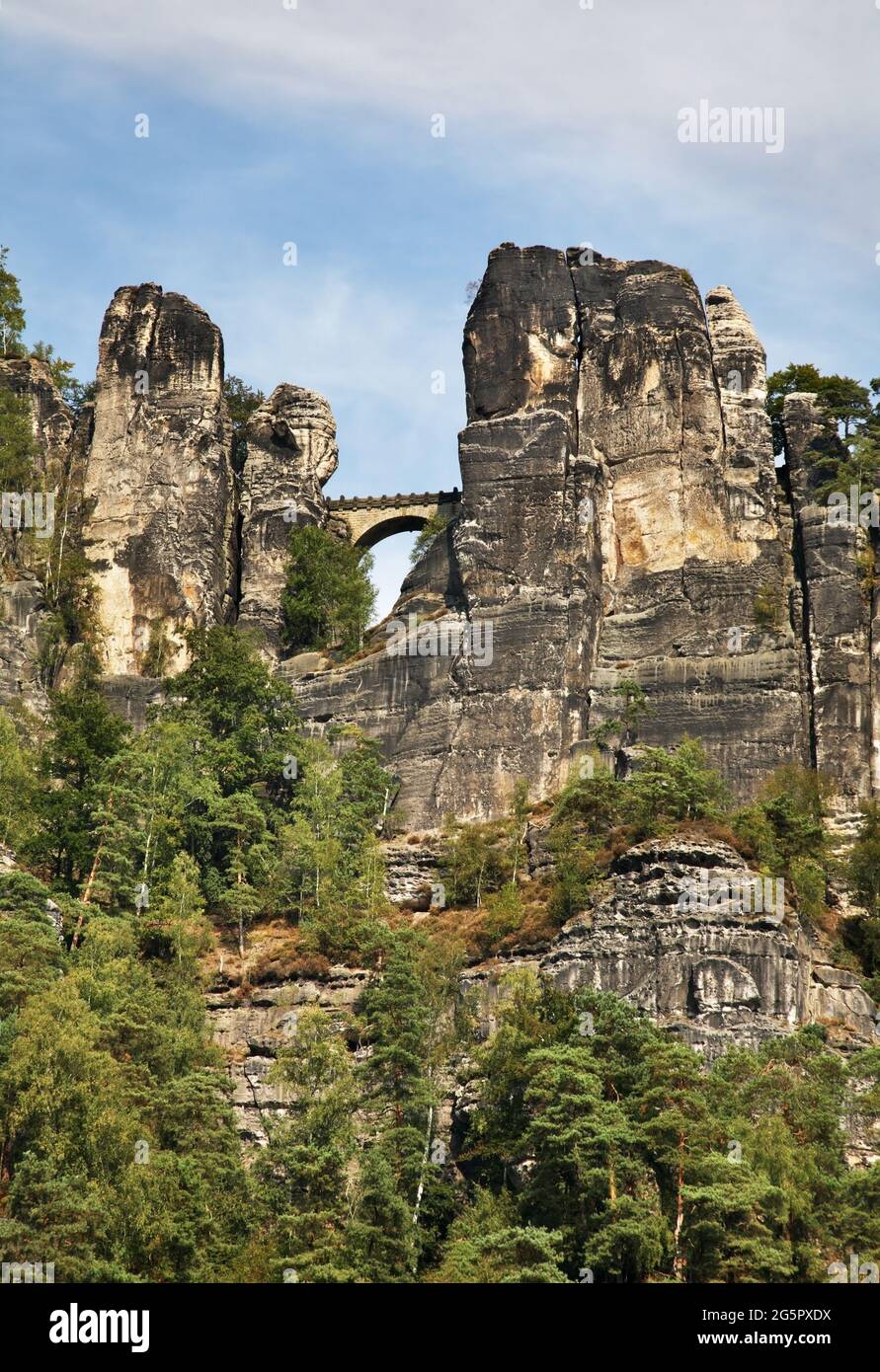 Bastei bridge at Elbe sandstone mountains near Rathen village. Saxon ...