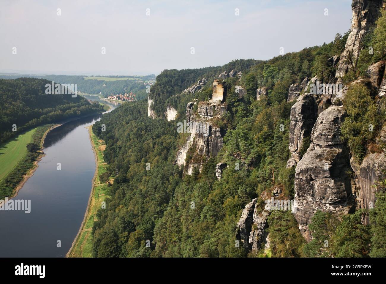Elbe river and Bastei at Elbe sandstone mountains near Rathen village ...