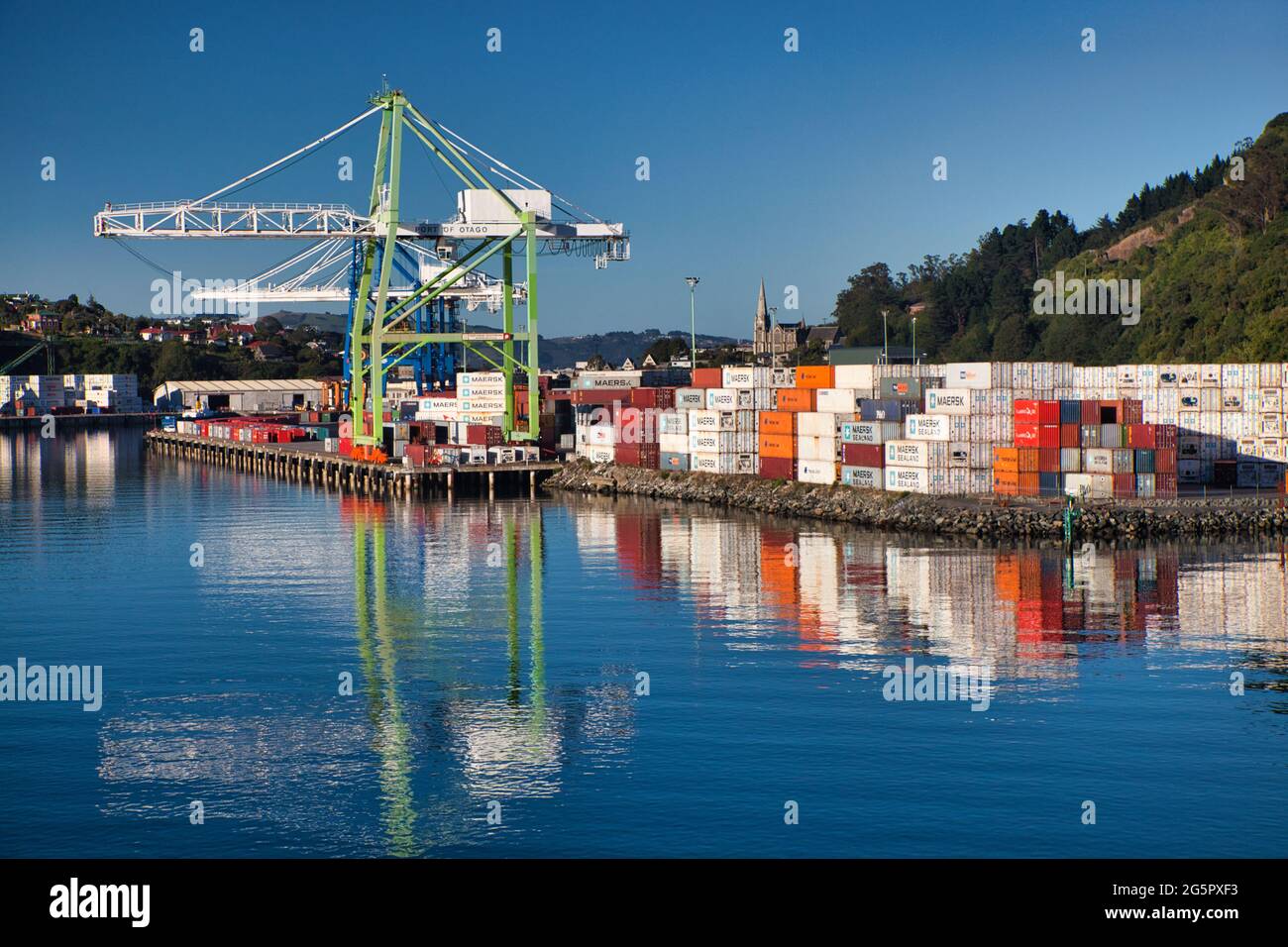 Container lifting cranes on the quayside at Otago Port, South Island ...