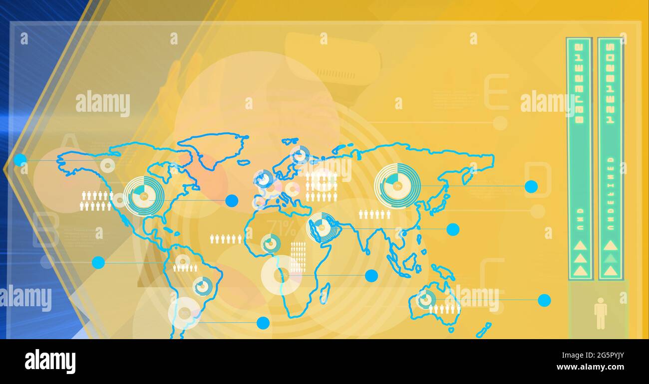 Data processing and world map over globe against yellow technology ...
