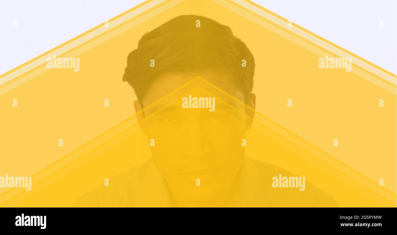 Yellow technology background over portrait of man against white ...