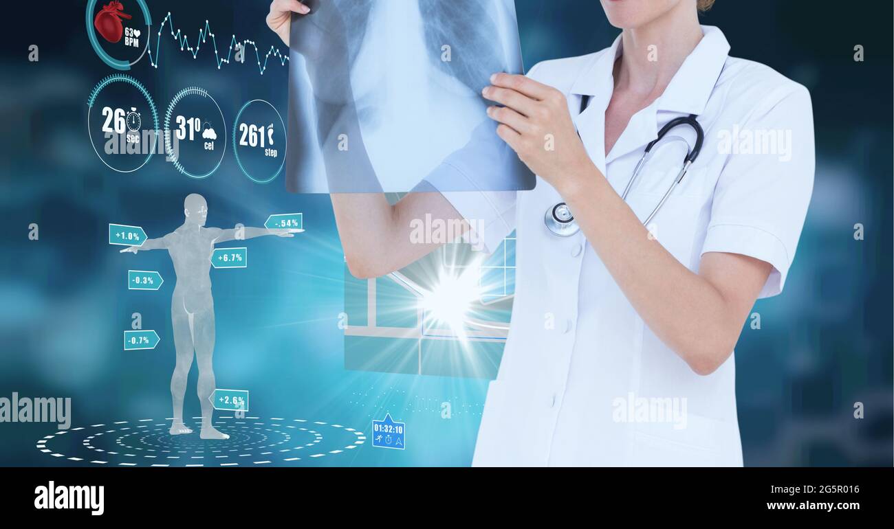 Medical data processing against mid section of female doctor examining ...