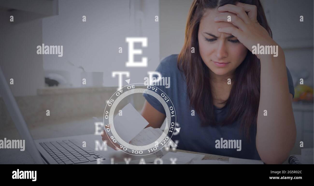 Round scanner and multiple alphabets against stressed caucasian woman ...