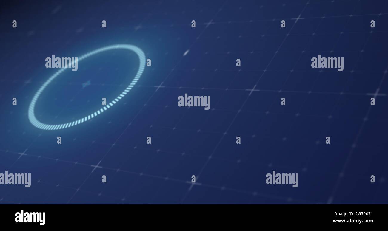 Image of glowing blue scope scanning and spinning with glitch on grid ...