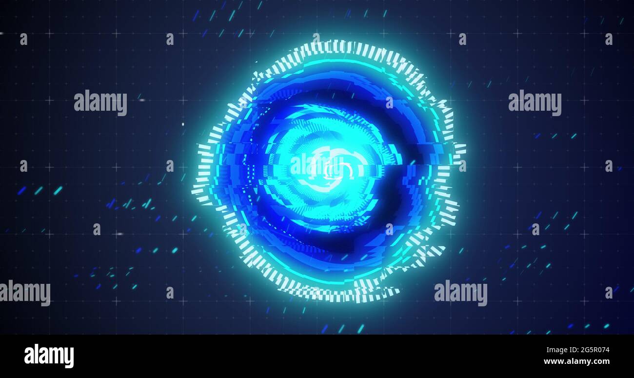 Image of glowing blue scope scanning and spinning with glitch on grid ...