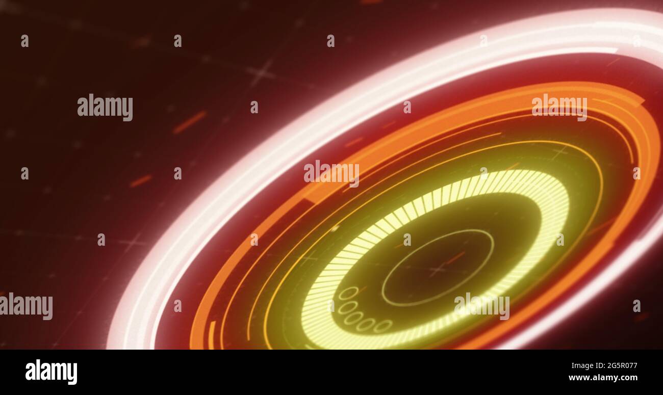 Image of glowing orange scope scanning and spinning with glitch on grid ...