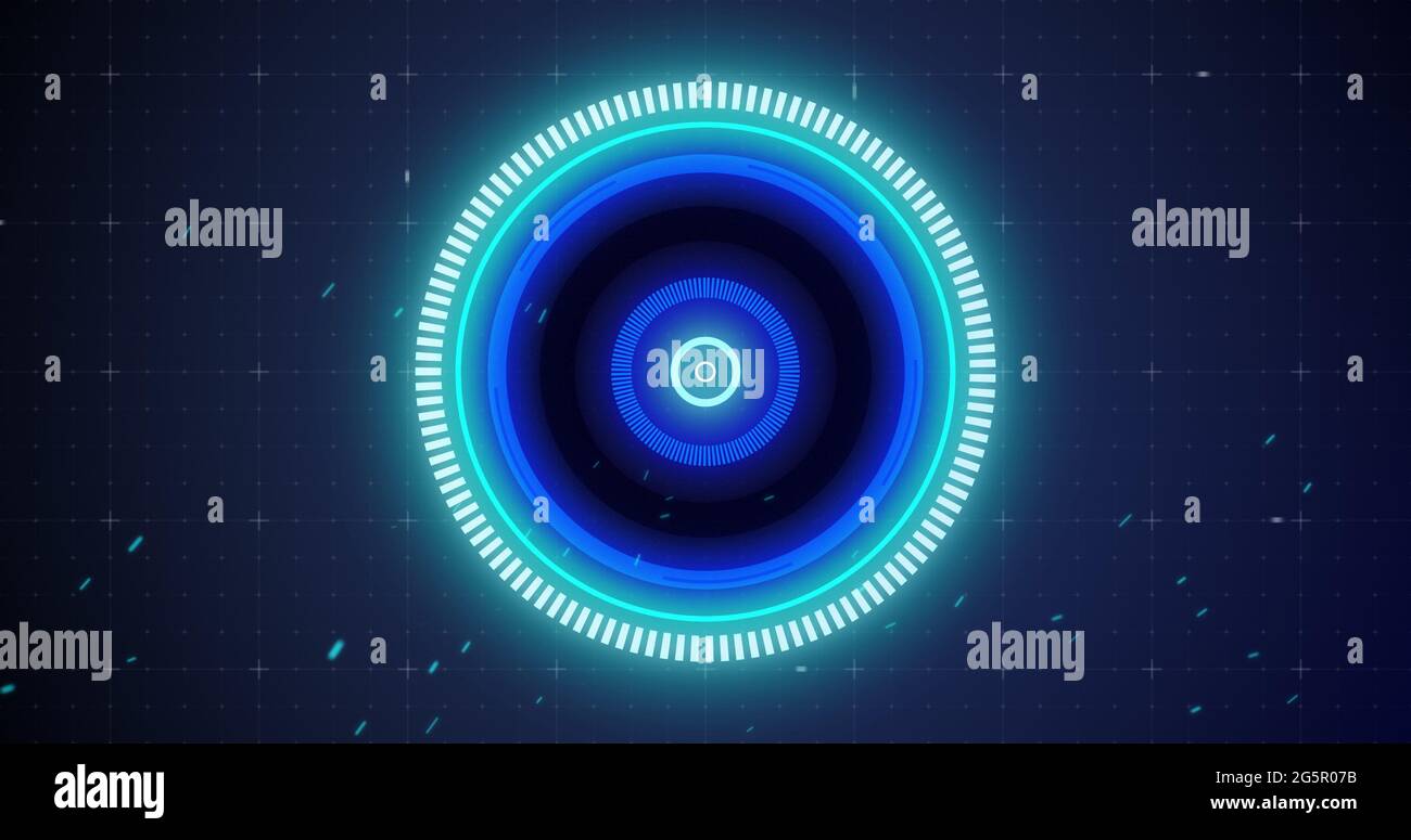 Image of glowing blue scope scanning and spinning with glitch on grid ...