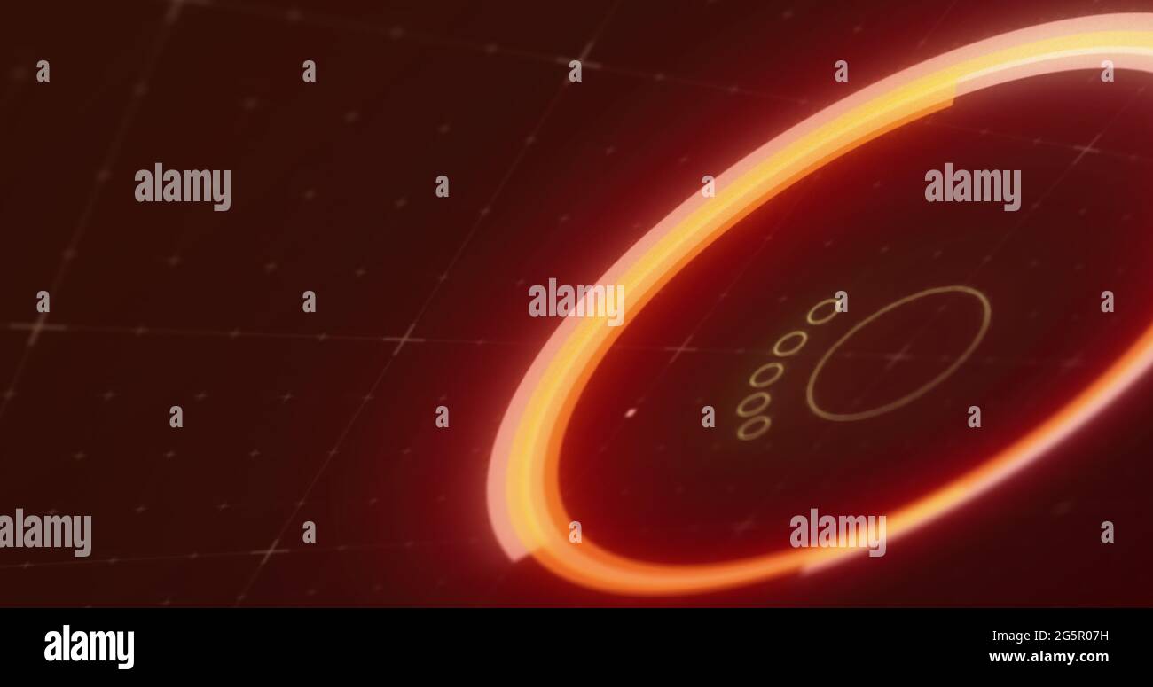 Image of glowing orange scope scanning and spinning with glitch on grid ...