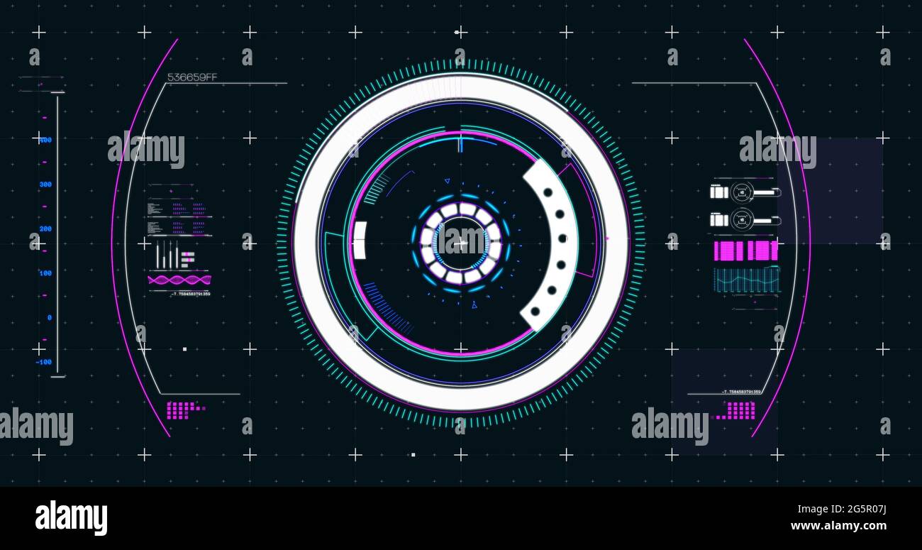 Image of glowing scope scanning data processing with markers on grid ...