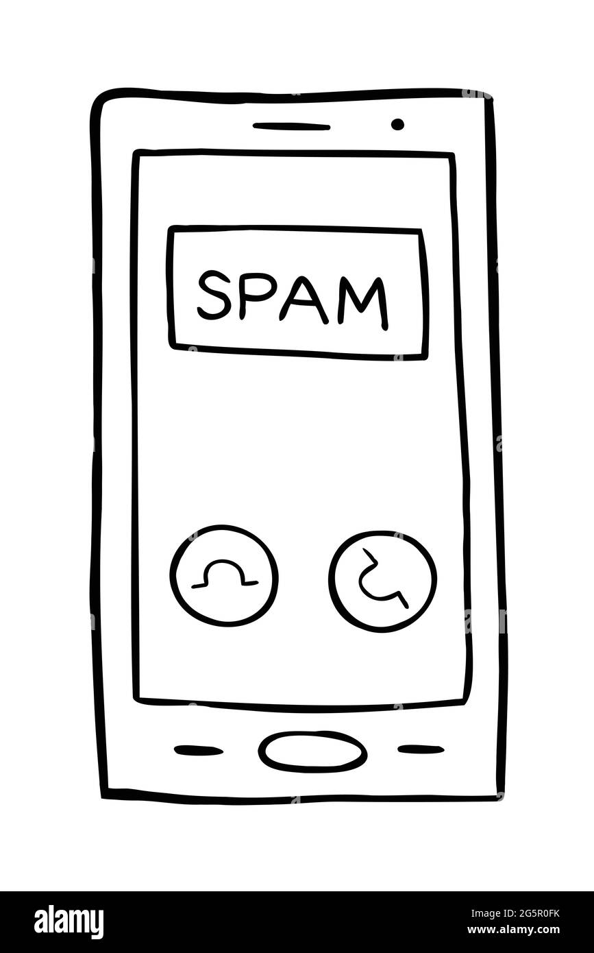 Cartoon vector illustration of spam call on smartphone. Black outlined ...
