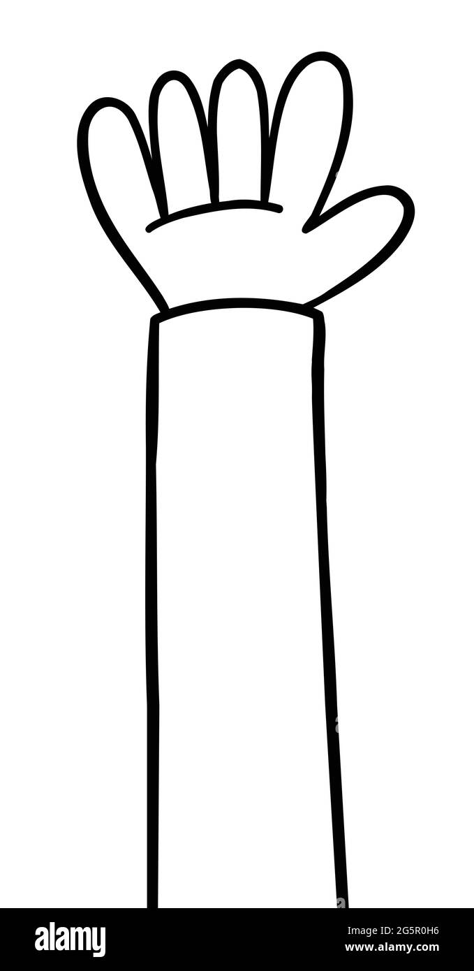 Cartoon vector illustration of raising hand. Black outlined and white ...