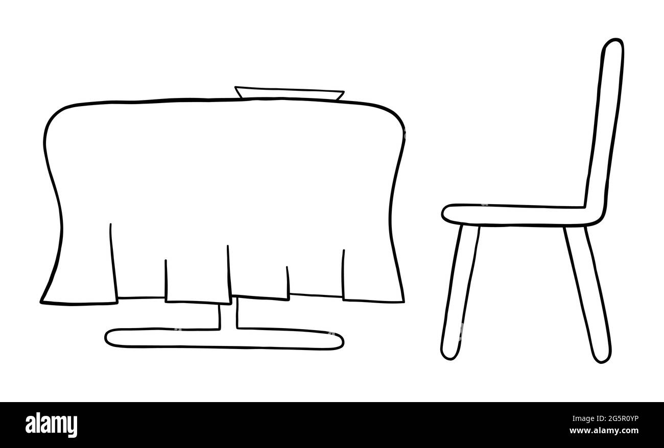 Cartoon vector illustration of dining table and chair. Black outlined ...