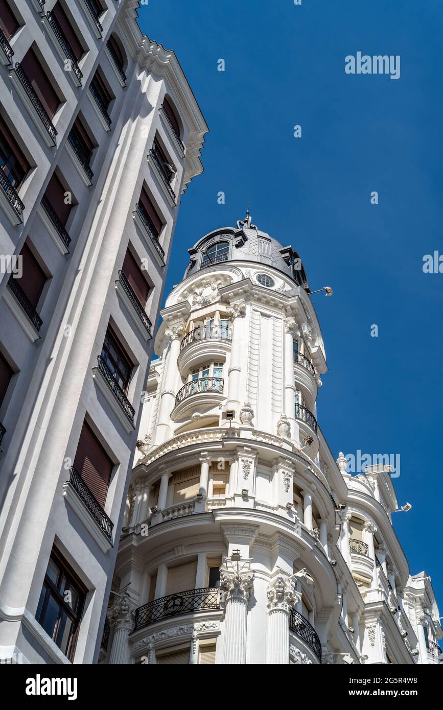 Historic residential buildings in Gran Via, the iconic avenue of Madrid ...