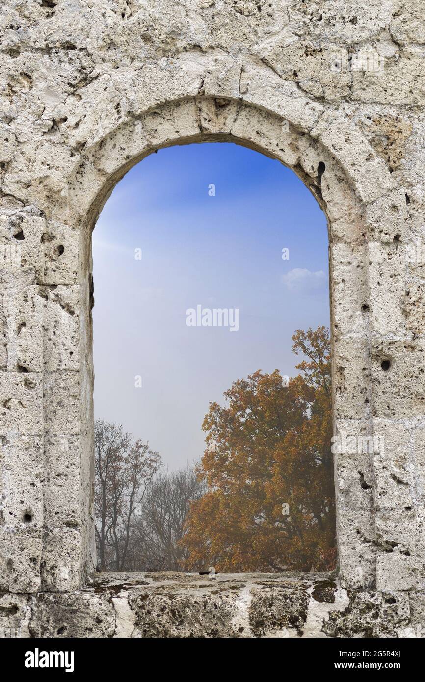 Vertical shot of park scenery through a stone arched window Stock Photo ...