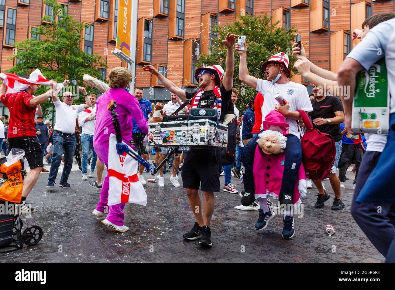 Wembley Stadium, Wembley Park, UK. 29th June 2021. England fans in good ...