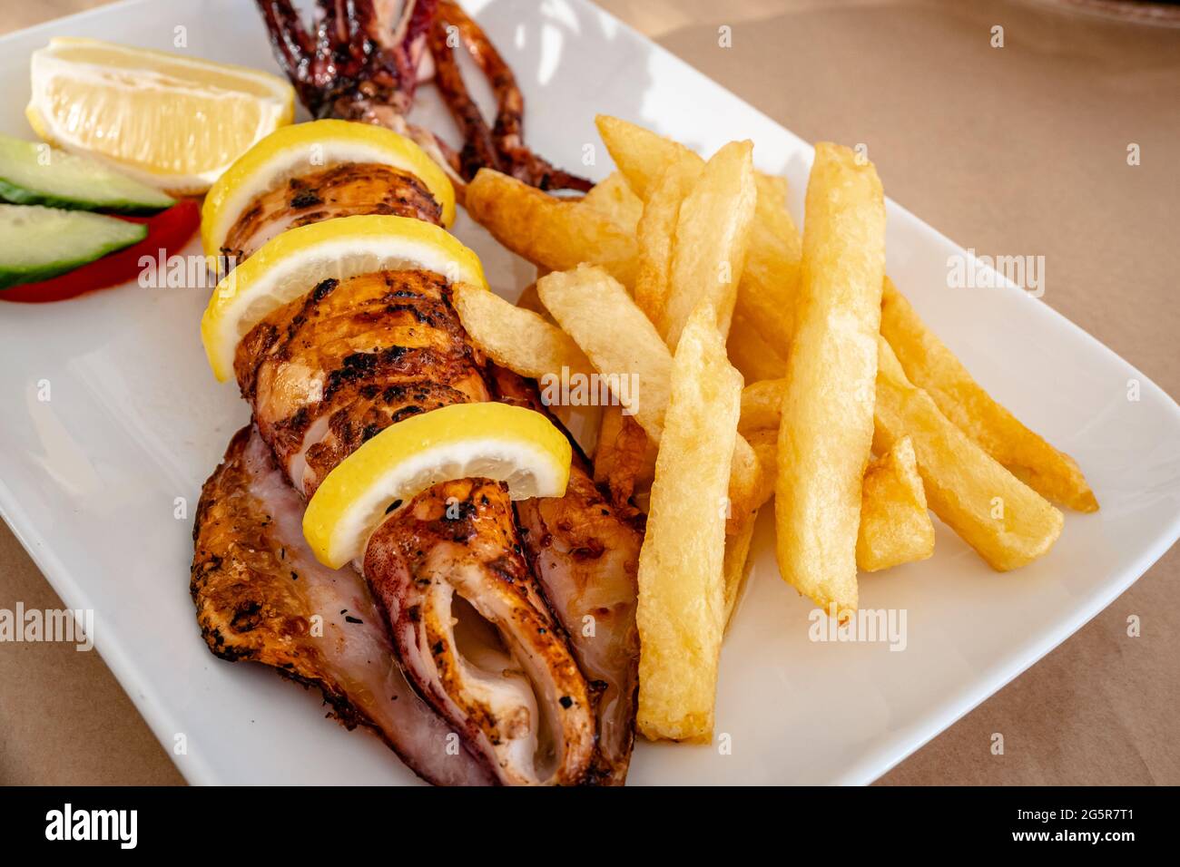 Grilled calamari served with vegetables and fries. Traditional Greek ...