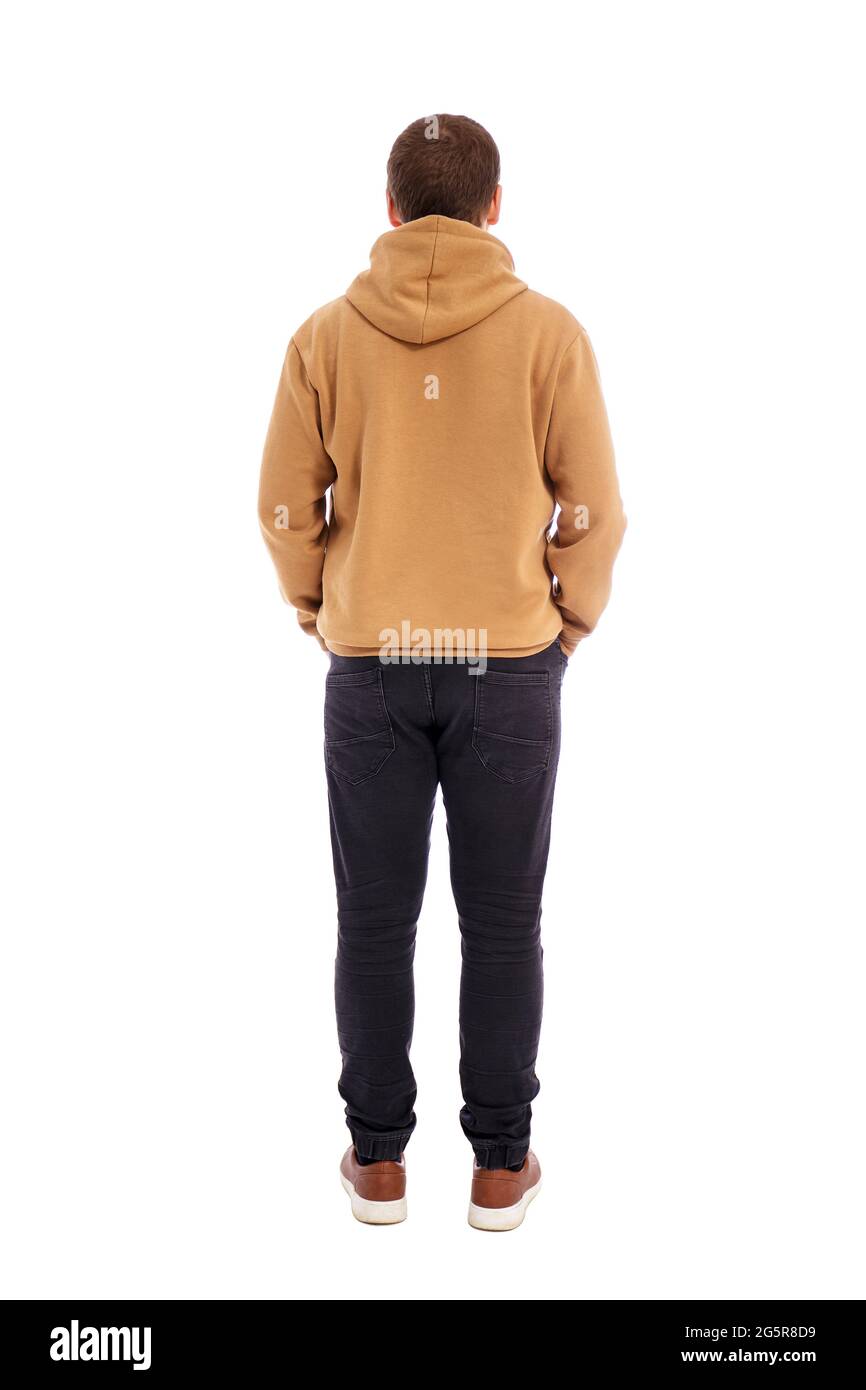full length back view of handsome man in beige hoodie isolated on white ...