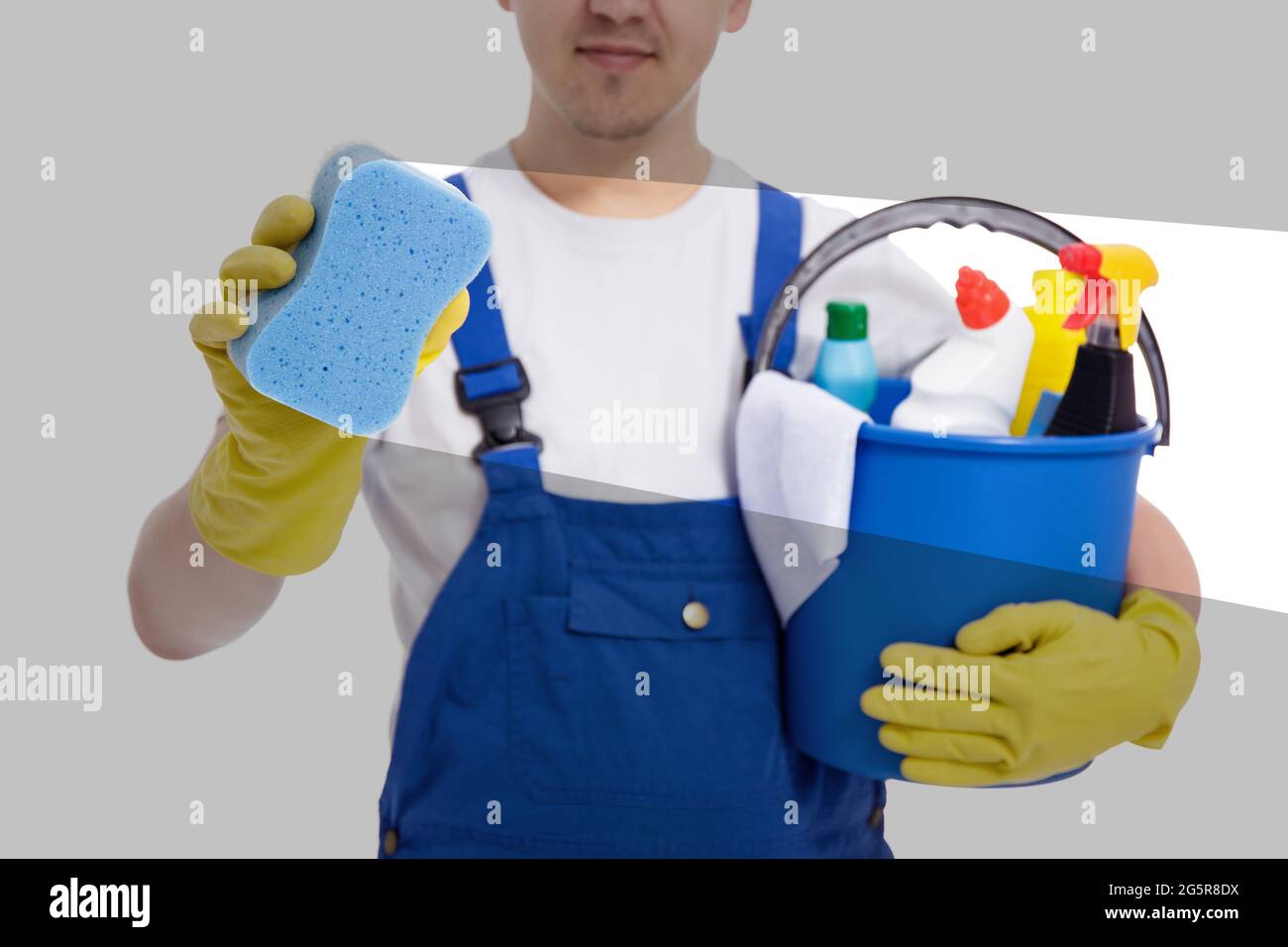 professional cleaning service concept - male cleaner in blue uniform ...