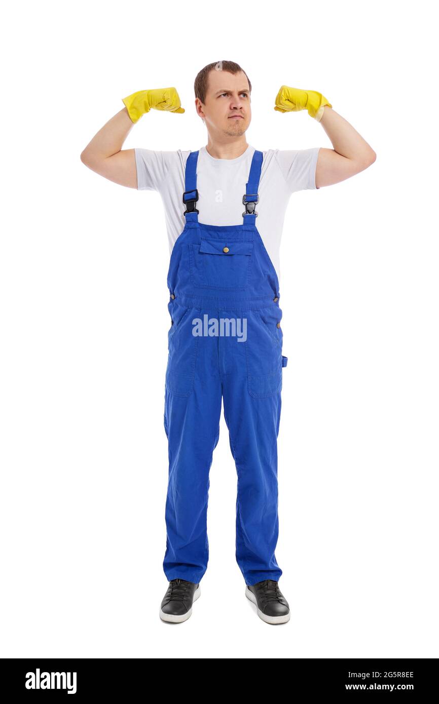 full length portrait of funny male cleaner in uniform and yellow gloves ...