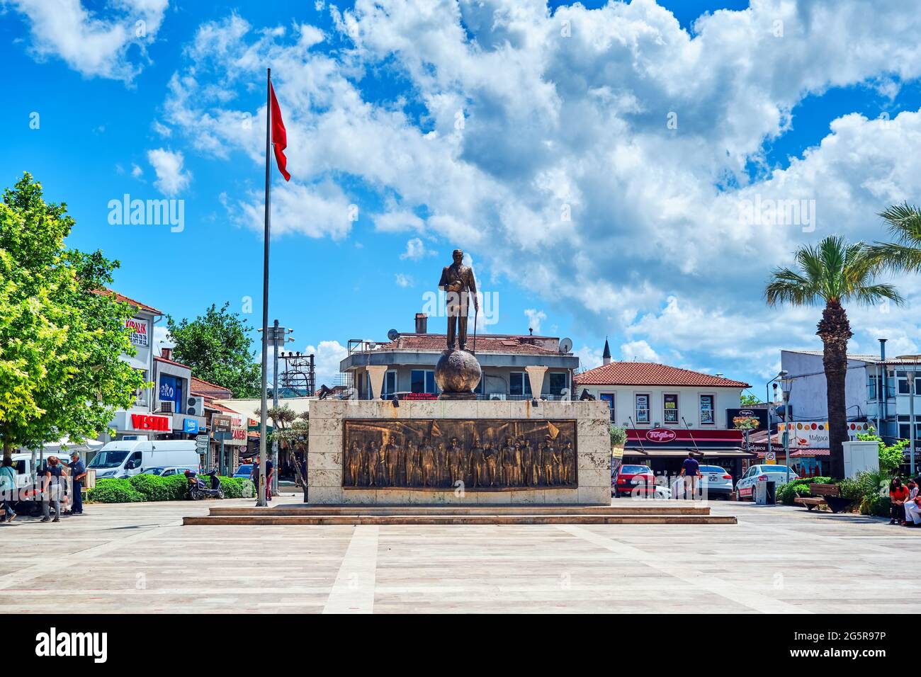 Urla, İzmir, Turkey - June, 2021: Urla town square with Ataturk statue ...