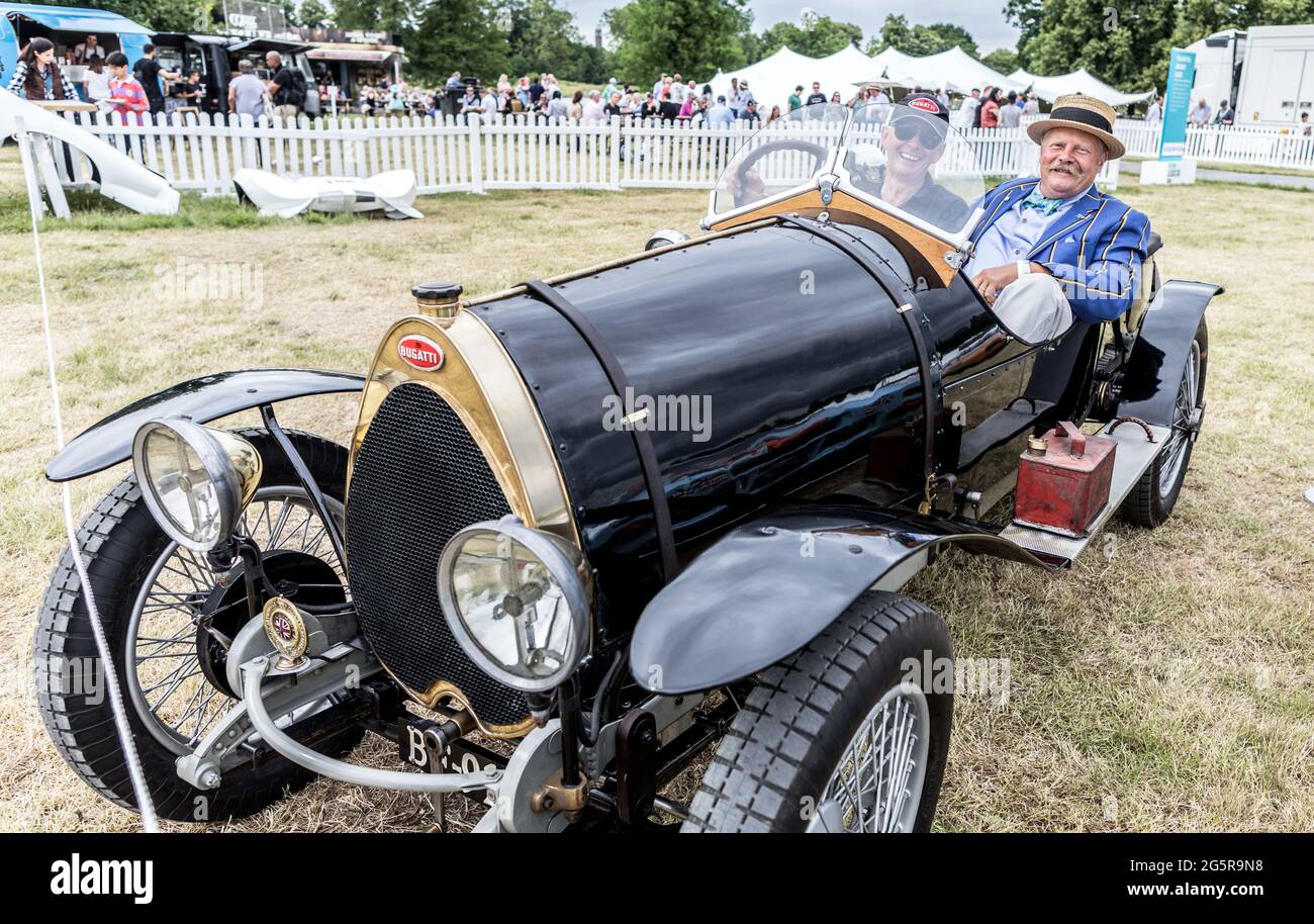 Passengers sitting in a Type 51 Bugatti at the Classic Car Show Syon ...