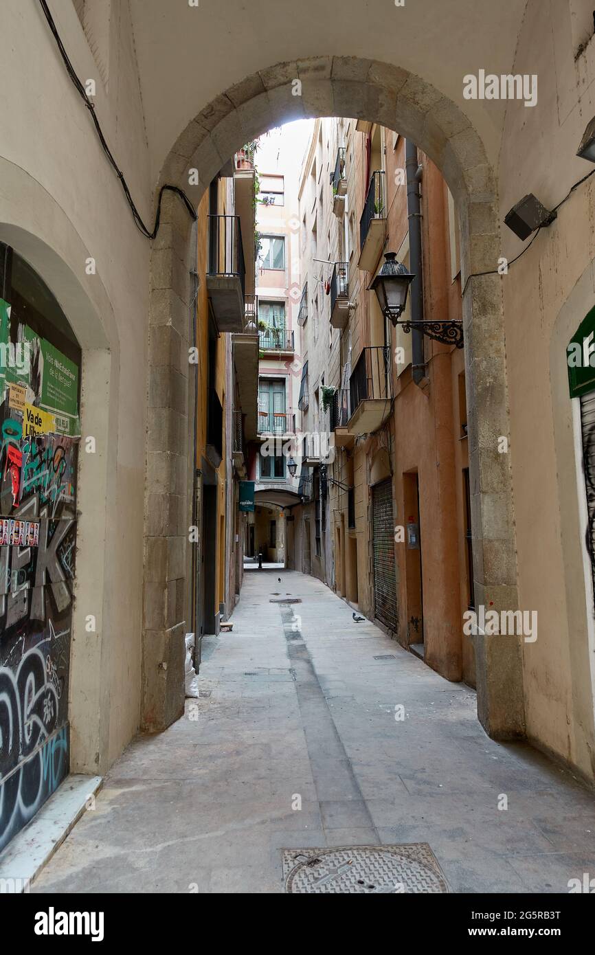 Gothic street in the historical center of Barcelona, Spain Stock Photo ...