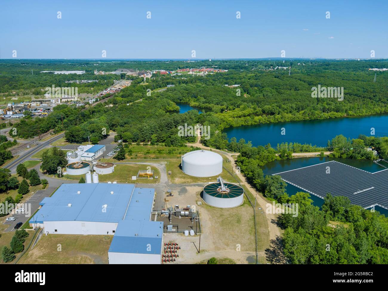 Aerial view of solid clarifier tank type sludge recirculation in water ...