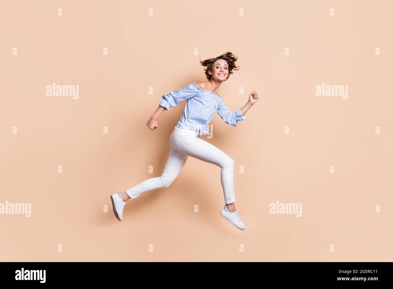Photo portrait profile of crazy woman running jumping up isolated on ...