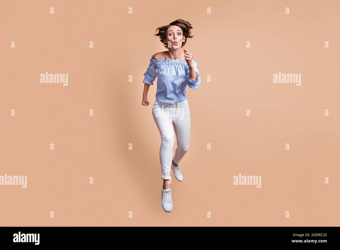 Full size photo of crazy shocked woman jump up run you sale hurry ...