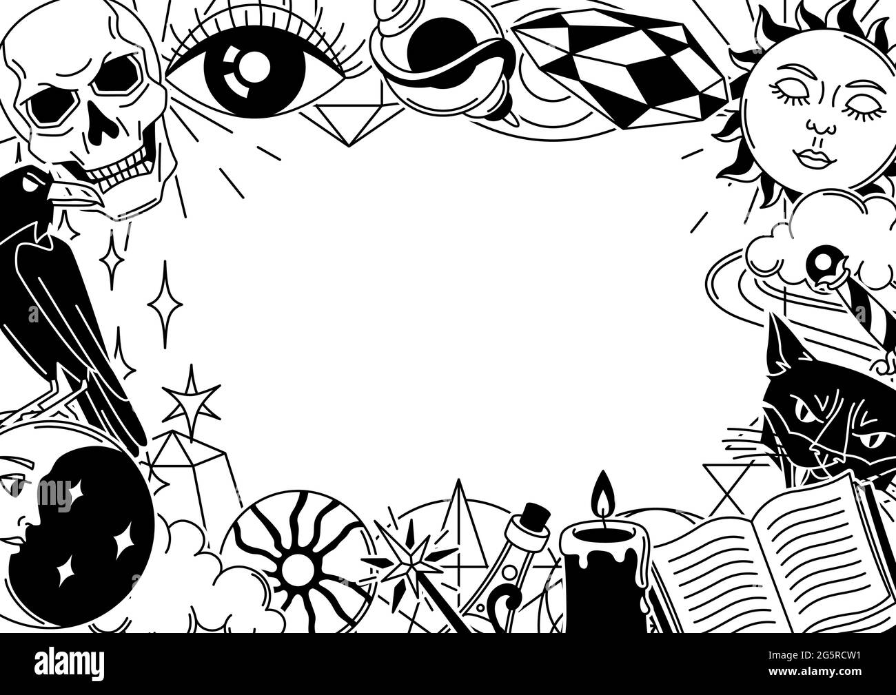 Magic frame with mystery items. Mystic, alchemy, spirituality symbols ...