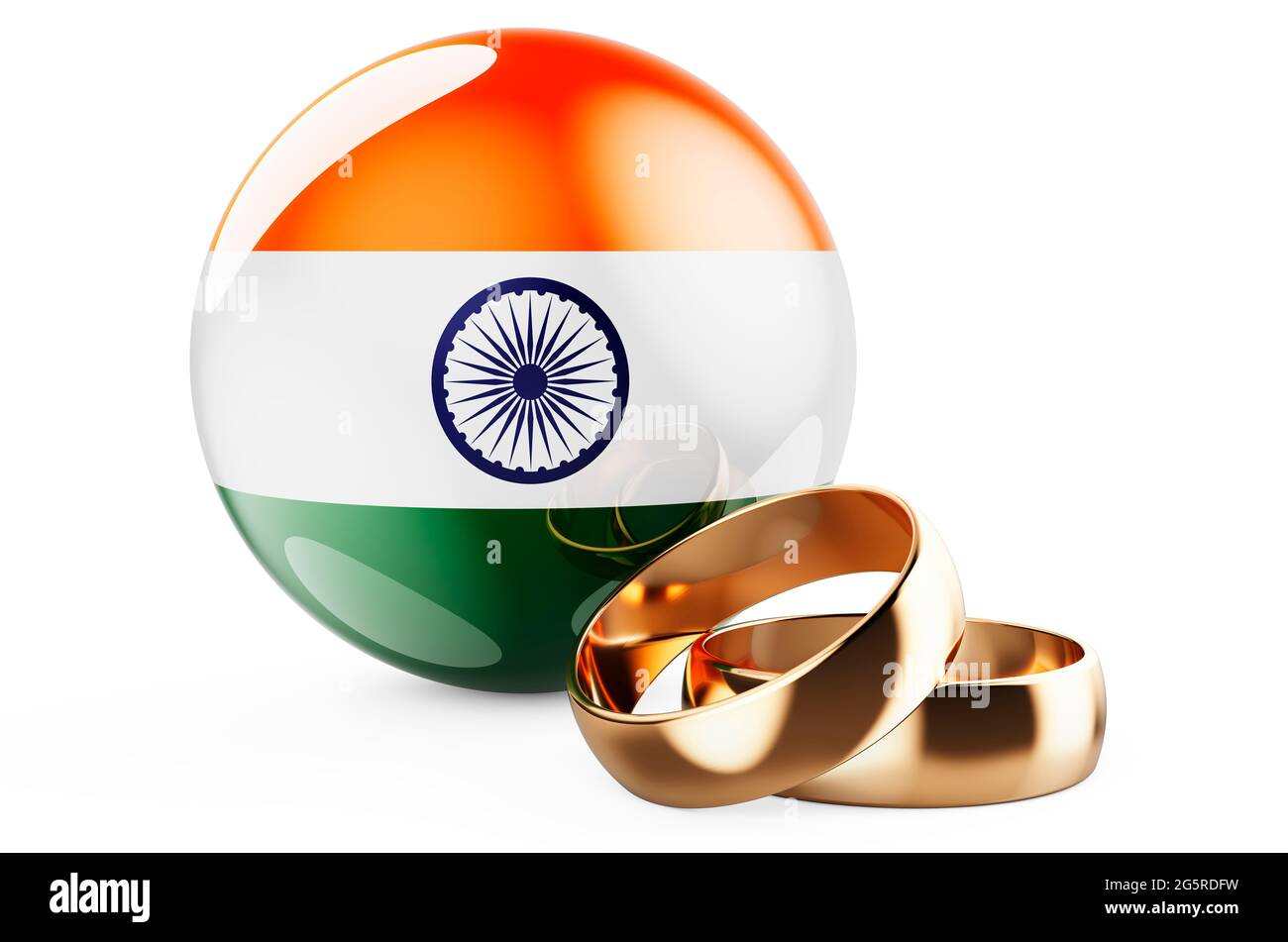 Weddings in India concept. Wedding rings with Indian flag. 3D rendering ...
