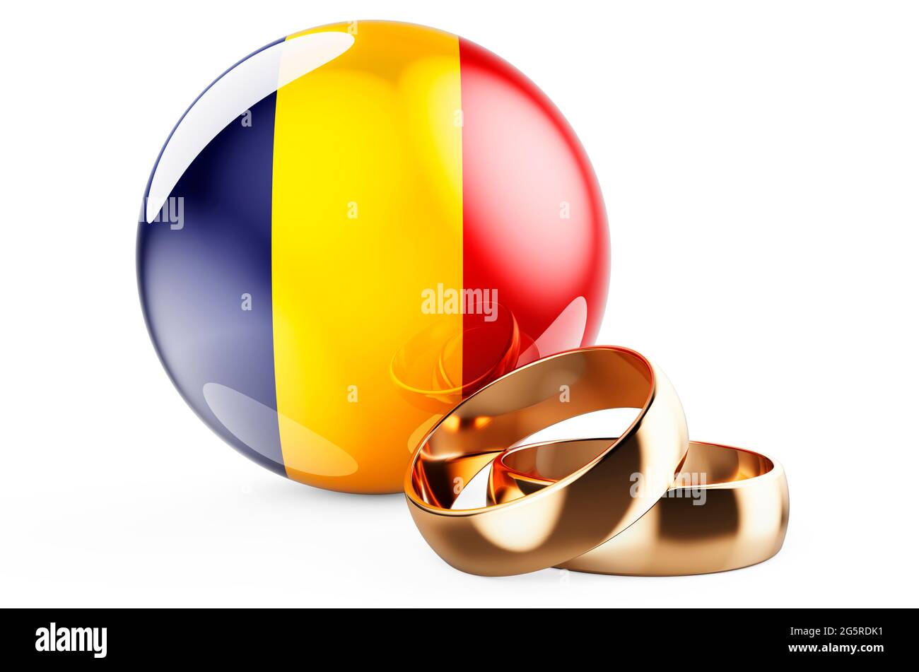 Weddings in Romania concept. Wedding rings with Romanian flag. 3D ...