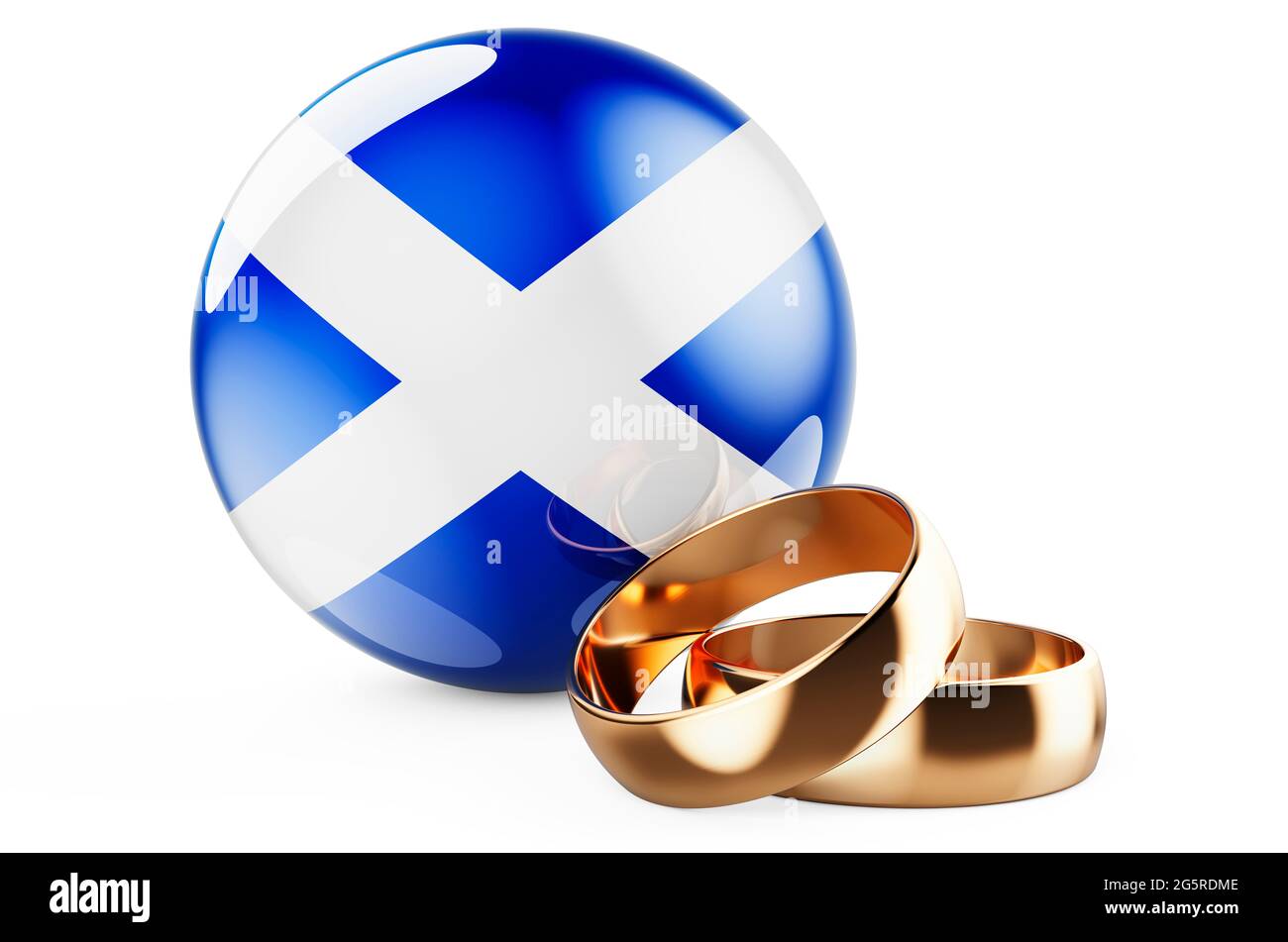 Weddings in Scotland concept. Wedding rings with Scottish flag. 3D ...