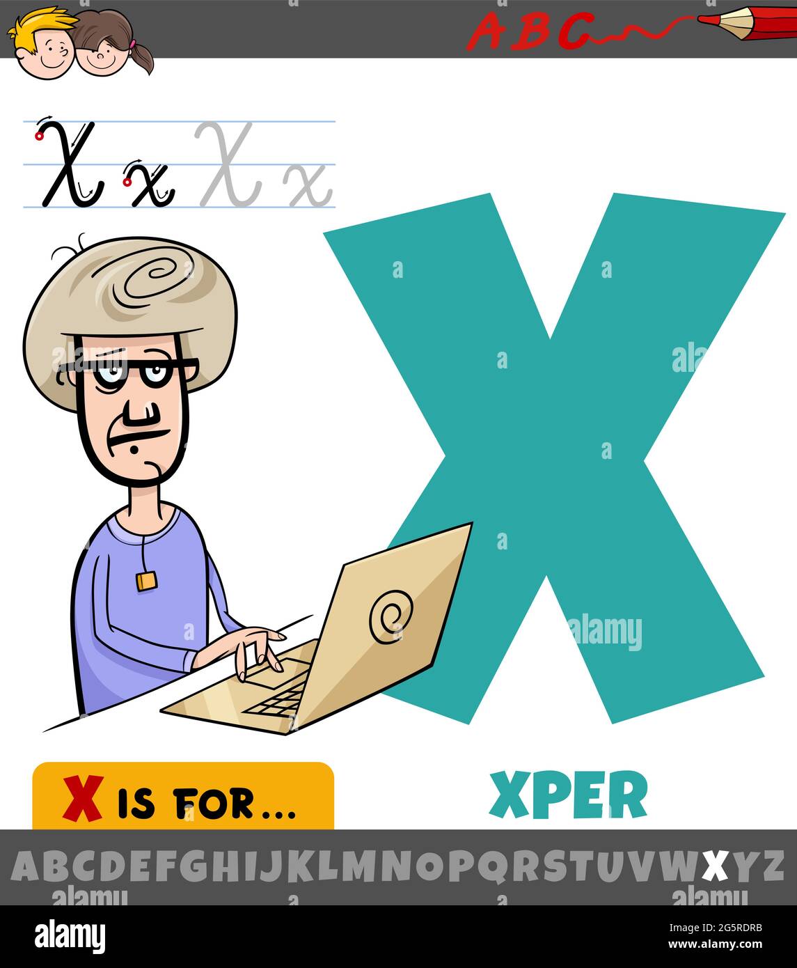 Educational cartoon illustration of letter X from alphabet with xper ...