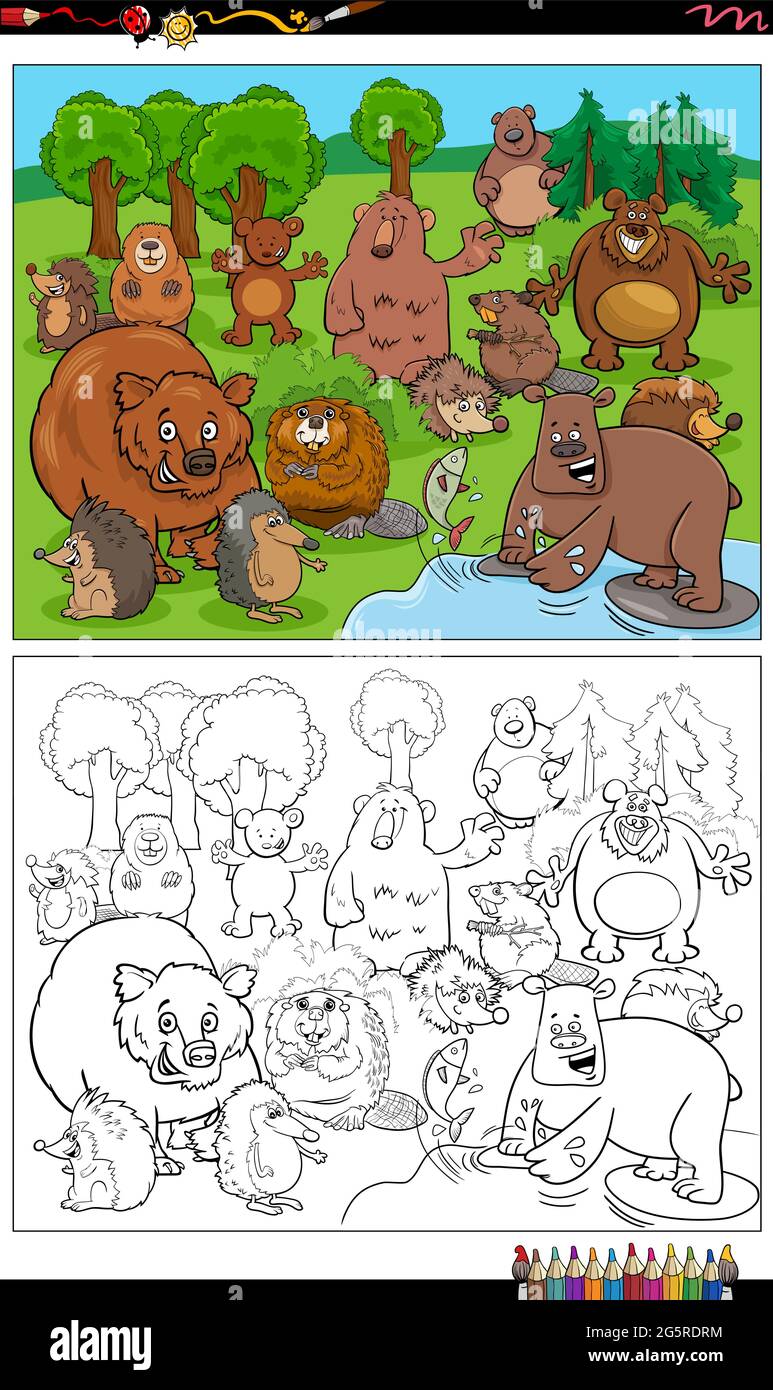 Cartoon illustration of funny wild animal characters group coloring ...