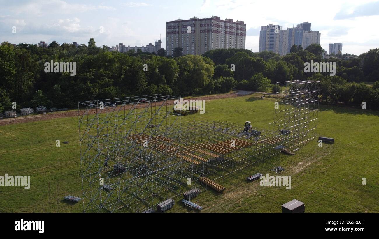 installation of a stage for a concert in the park. Aerial view Stock ...