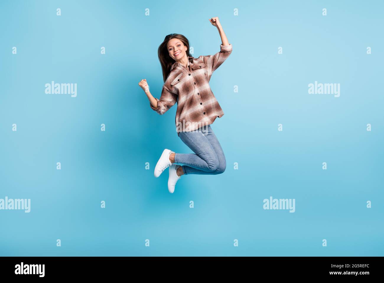 Full size photo of young happy excited crazy smiling cheerful positive ...