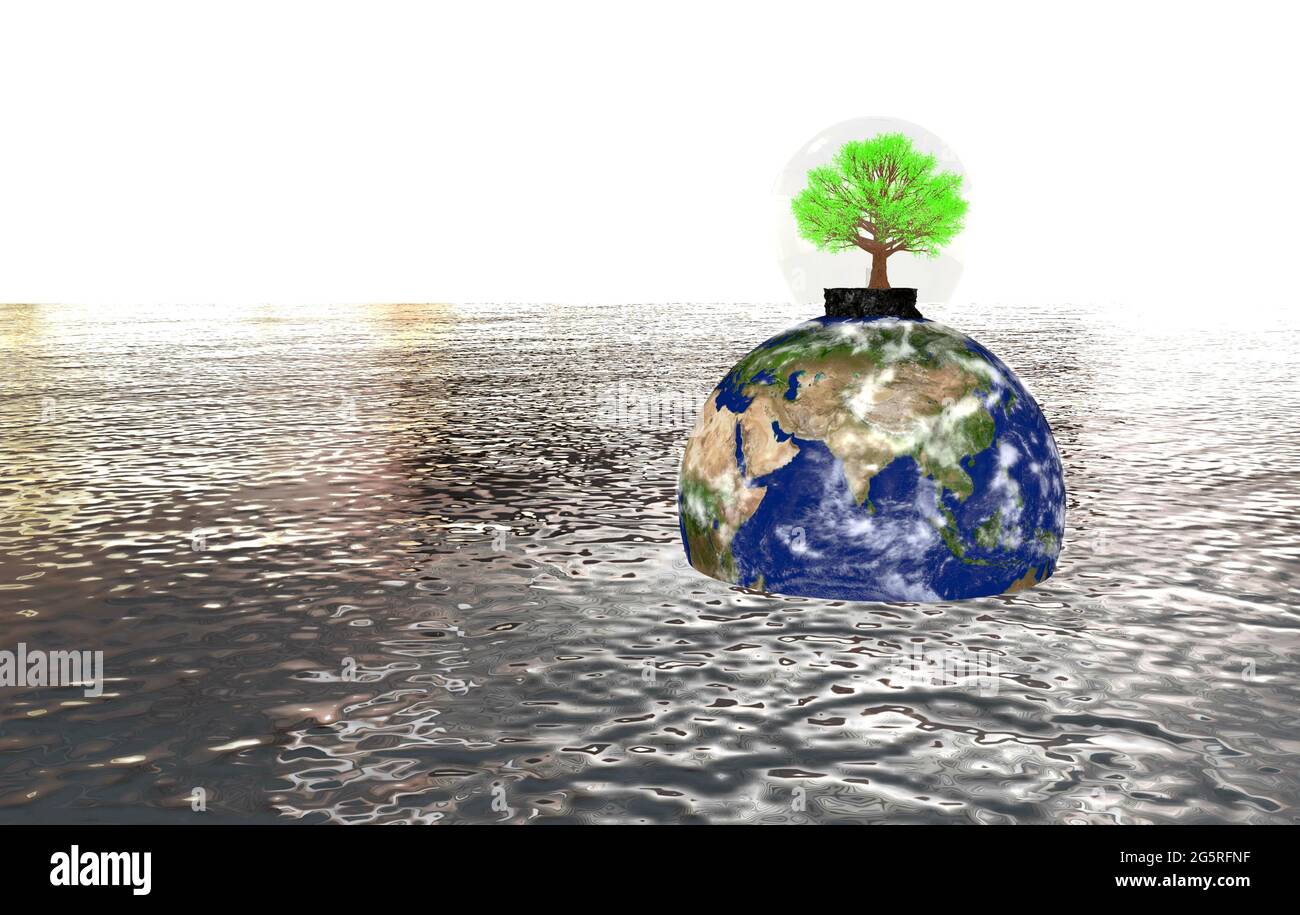 3D illustration of Planet Earth globe floating over water with a tree ...