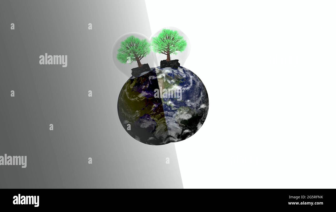 3D illustration of Planet Earth globe mirror floating with a tree at ...