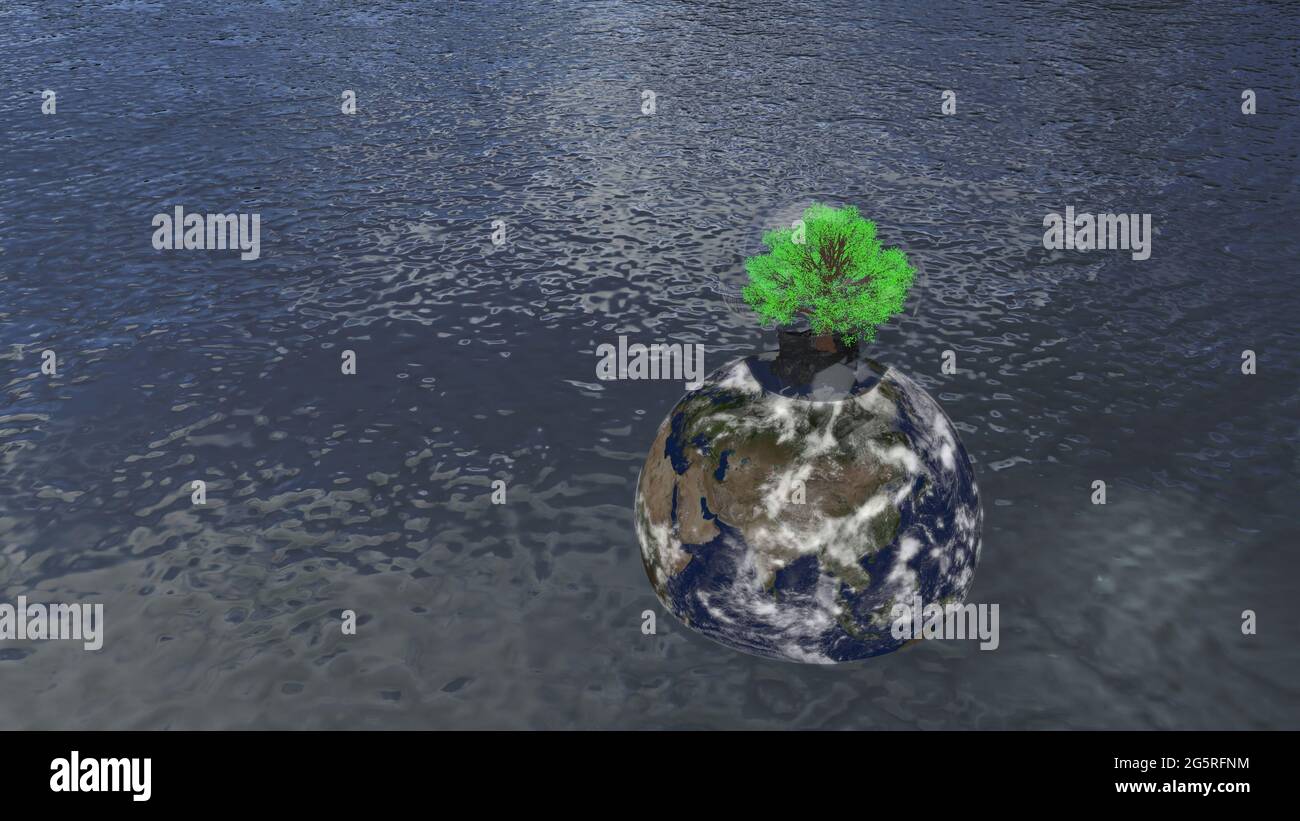 3D illustration of Planet Earth globe floating over water with a tree ...