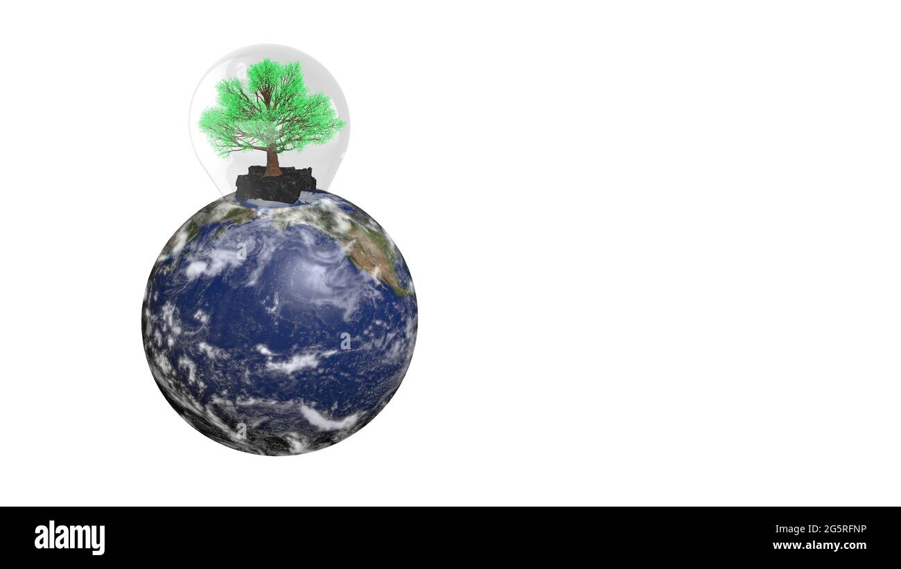 3D illustration of Planet Earth globe floating with a tree at the top ...