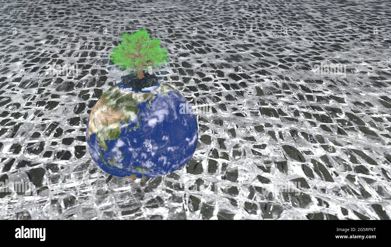 3D illustration of Planet Earth globe floating over frozen sea with a ...