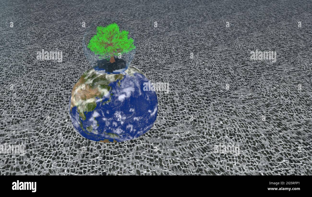 3D illustration of Planet Earth globe floating over frozen sea with a ...