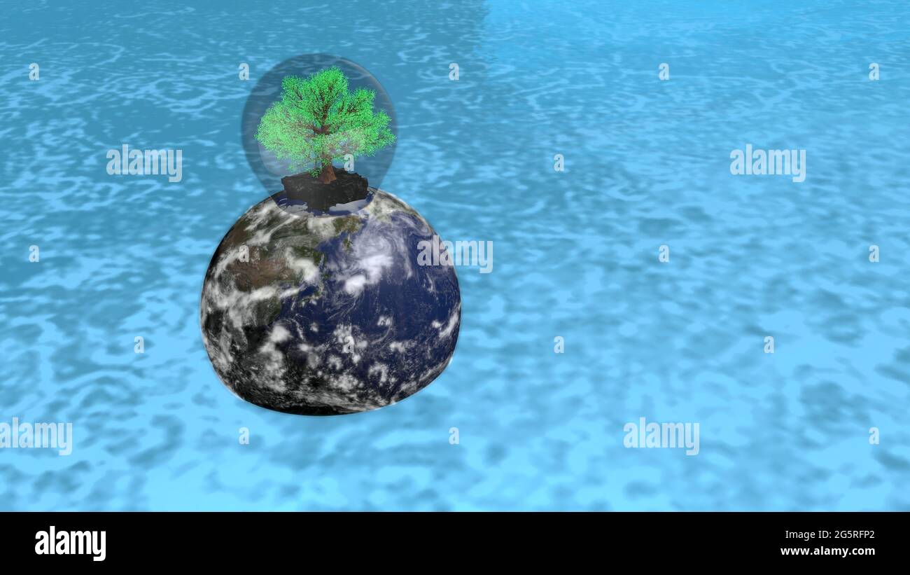 3D illustration of Planet Earth globe floating over water with a tree ...