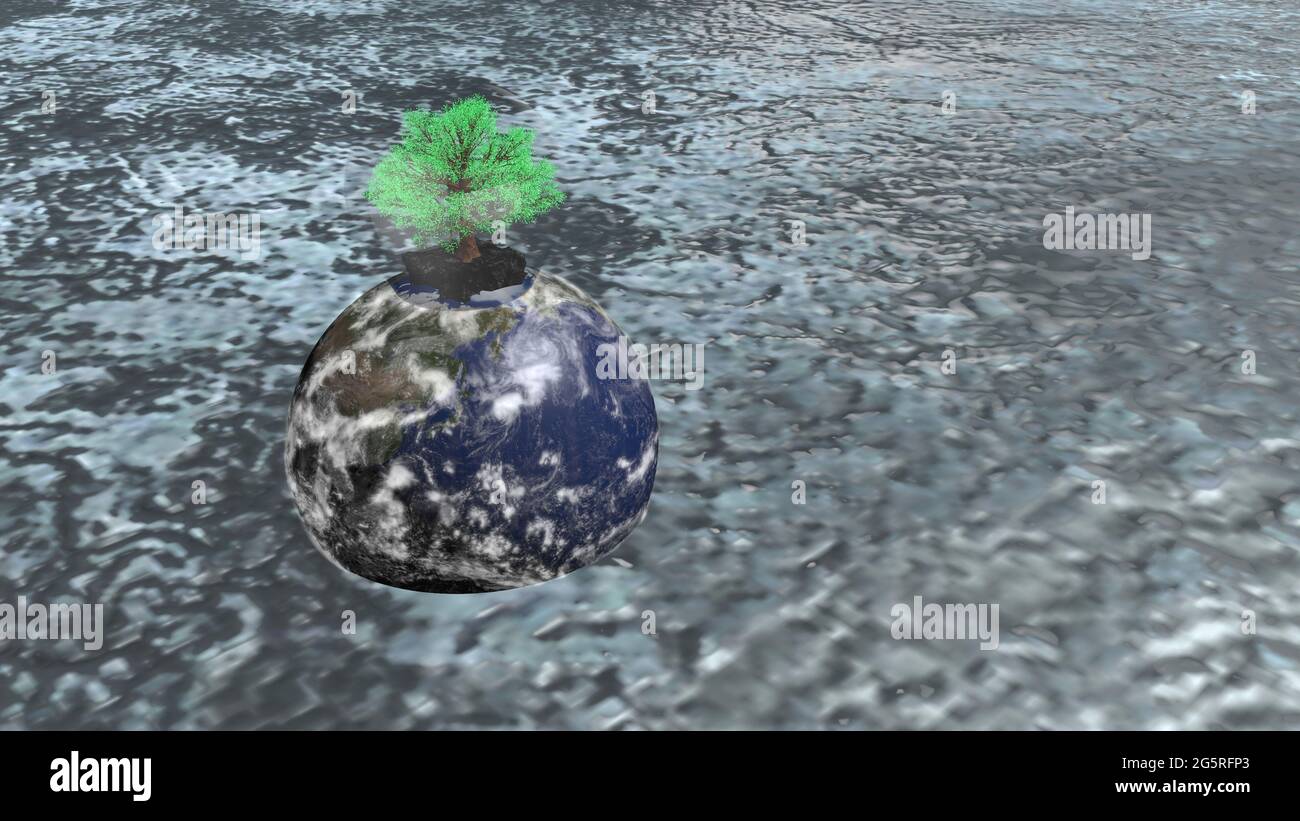 3D illustration of Planet Earth globe floating over water with a tree ...