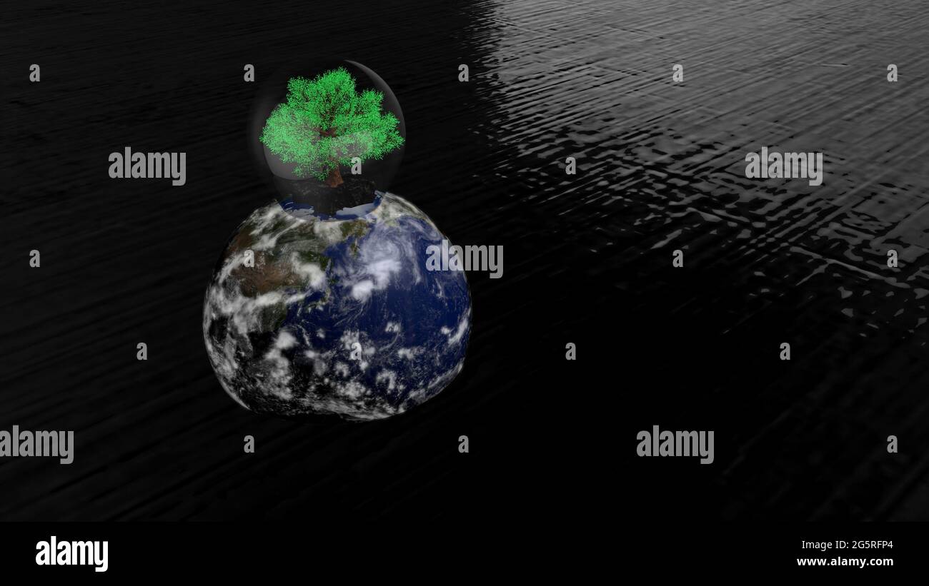 3D illustration of Planet Earth globe floating over sea water with a ...
