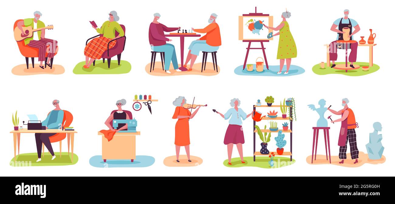 Elderly people hobby. Older men and women playing chess, reading books ...