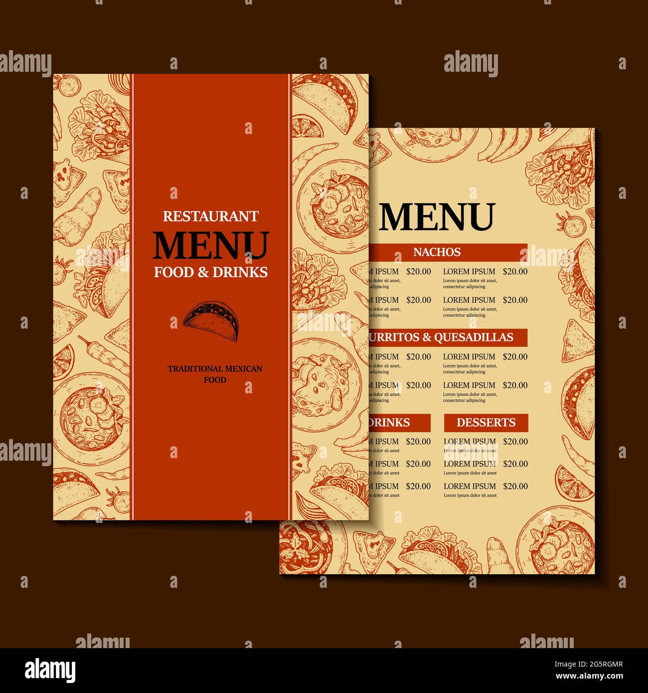 Mexican food two side vertical menu template with hand drawn elements ...